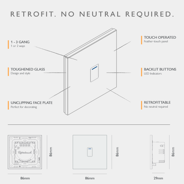 Crystal Touch Switch 1G - Grey RetroTouch Light Switches & Plug Sockets