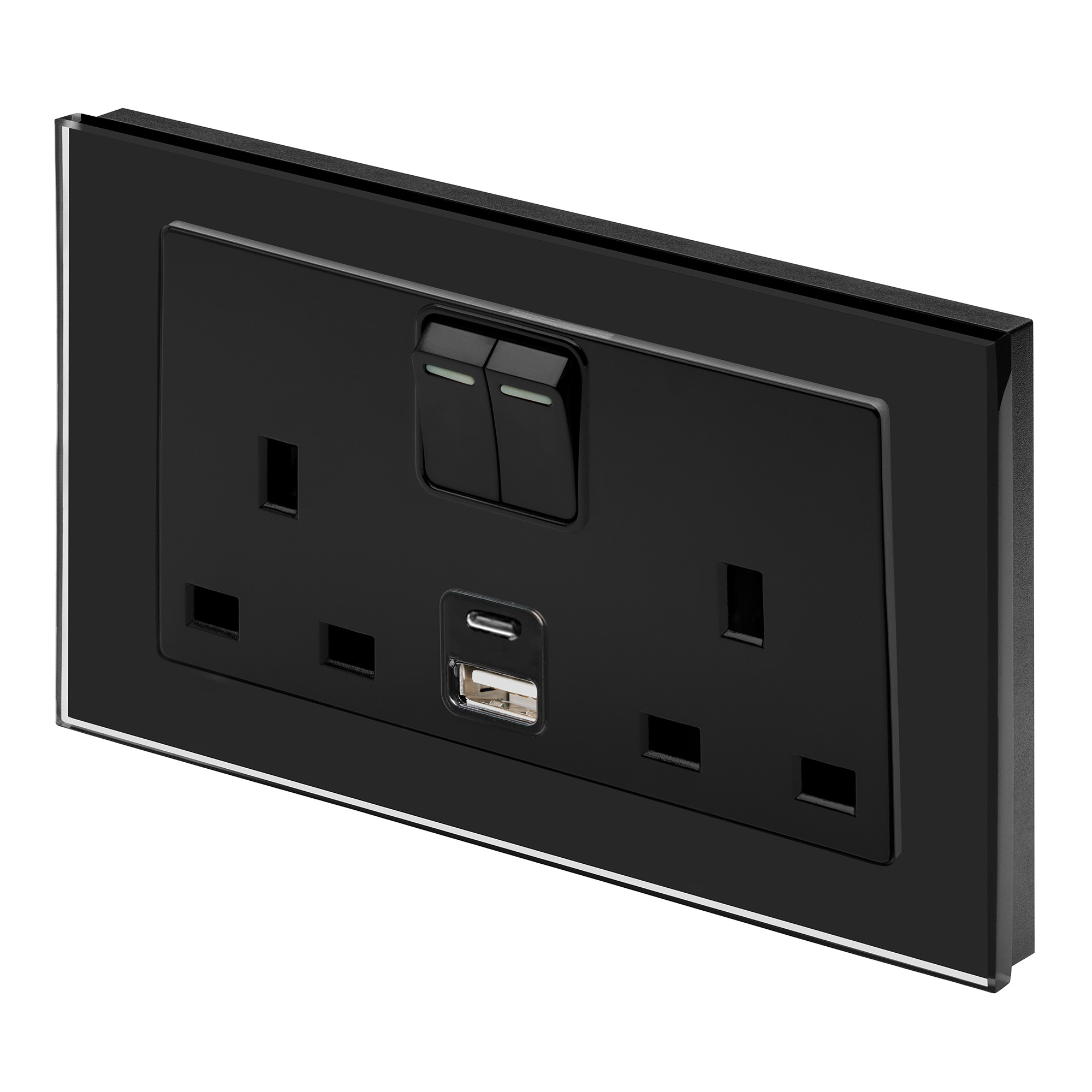 Crystal 3.1A USBC & 13A DP Double Plug Socket with Switch Black PG ...