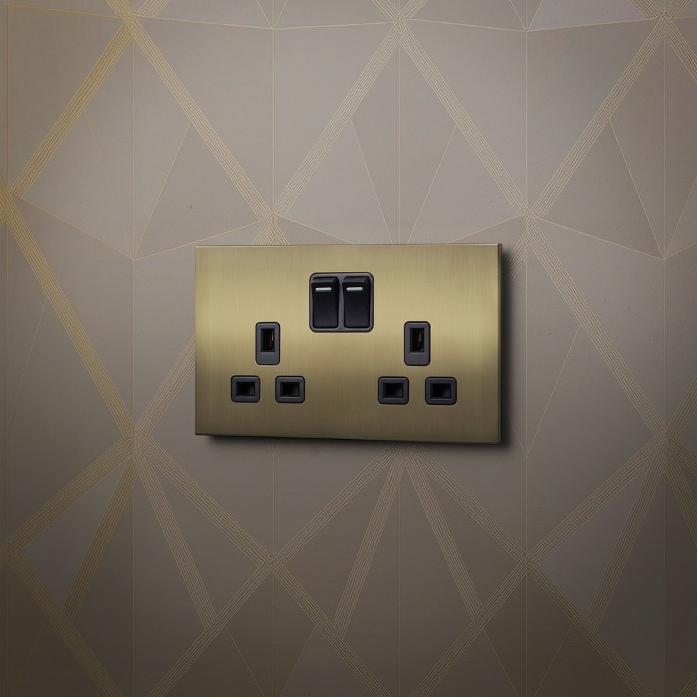 Aura Double Socket - Brushed Brass RetroTouch Light Switches & Plug Sockets