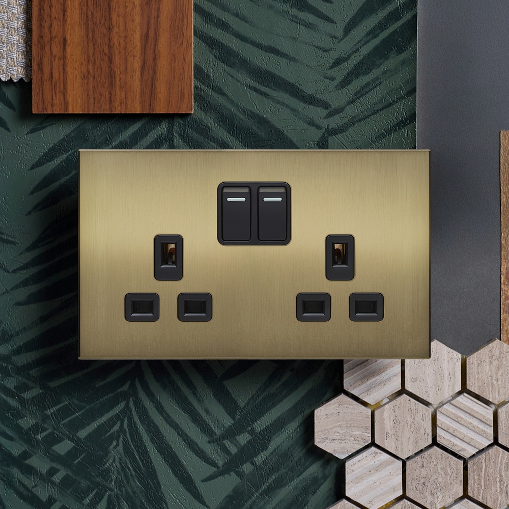 Aura Double Socket - Brushed Brass RetroTouch Light Switches & Plug Sockets
