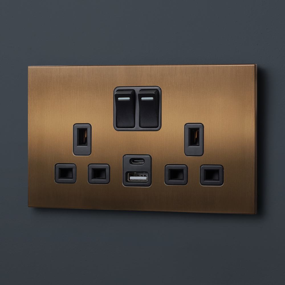 Aura Double Socket with USB - Brushed Bronze RetroTouch Light Switches ...