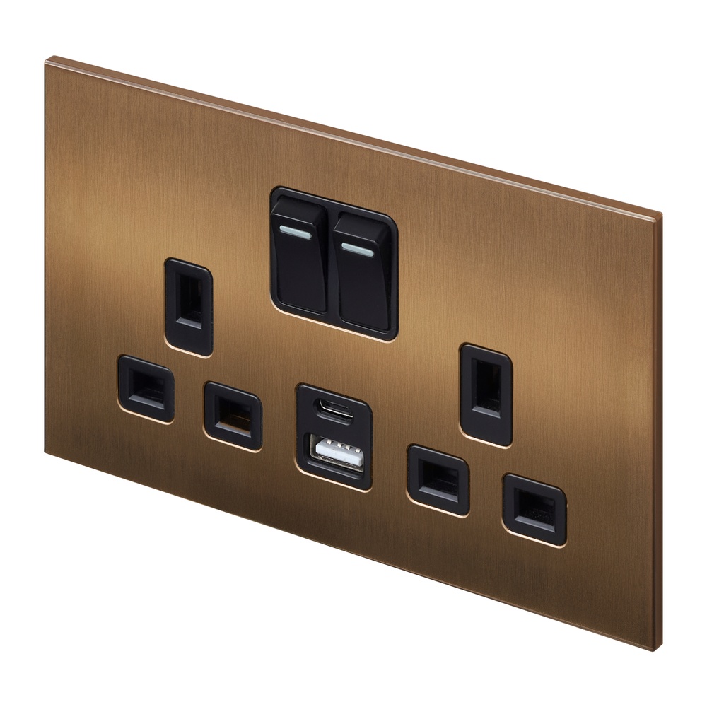Aura Double Socket with USB - Brushed Bronze RetroTouch Light Switches ...