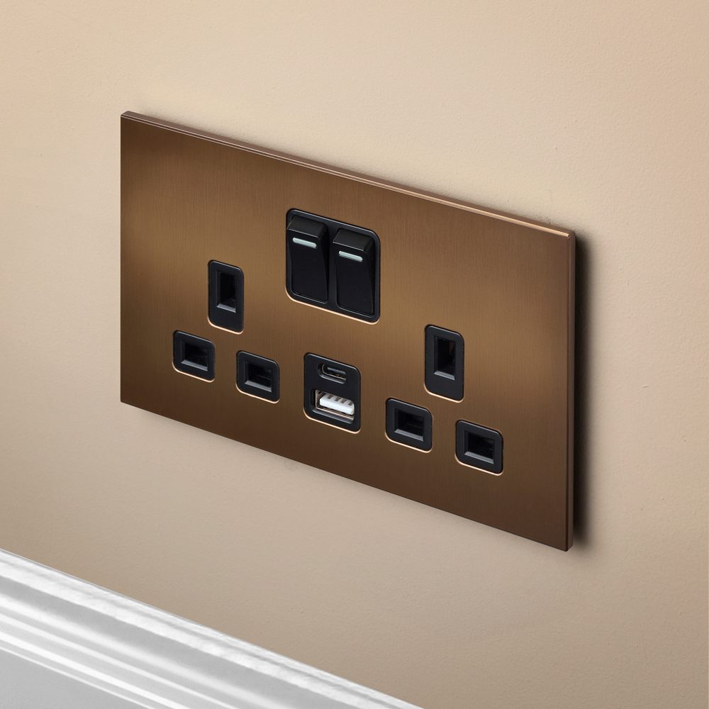 Aura Double Socket with USB - Brushed Bronze RetroTouch Light Switches ...