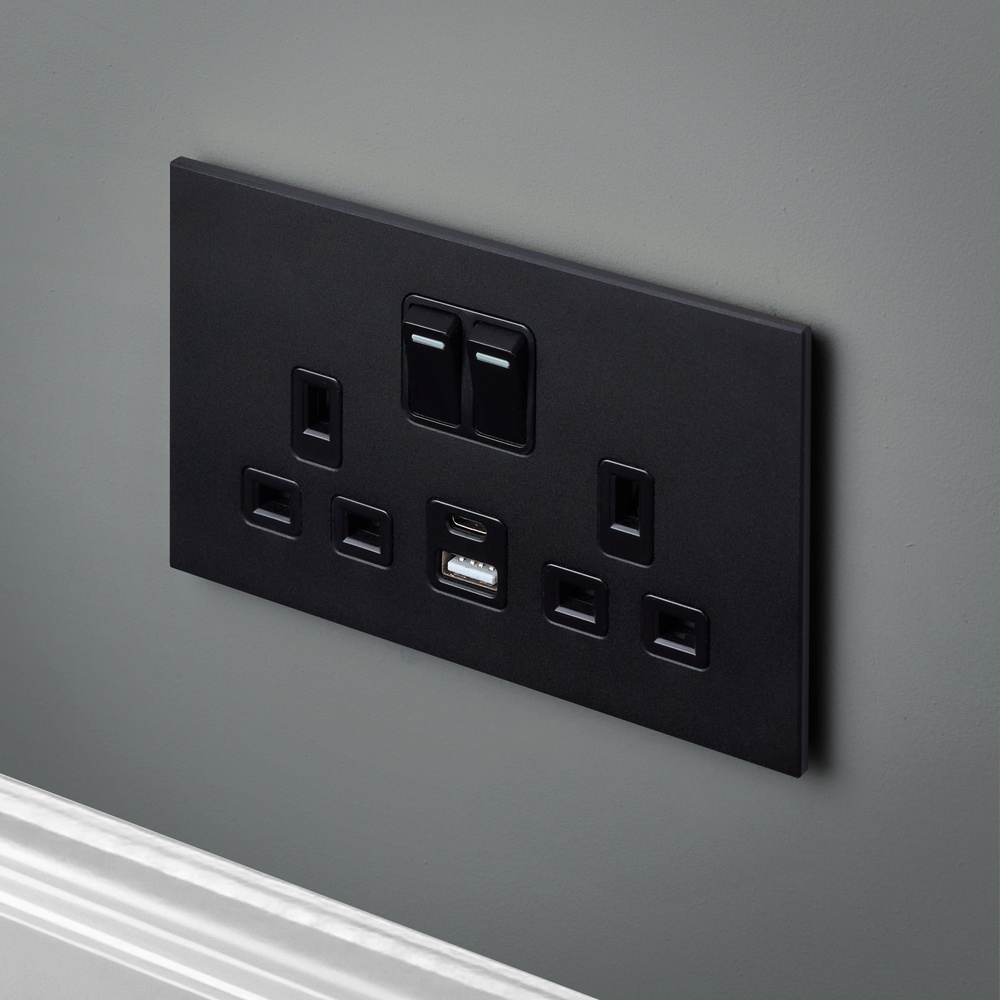Aura Double Socket with USB - Matt Black RetroTouch Light Switches ...