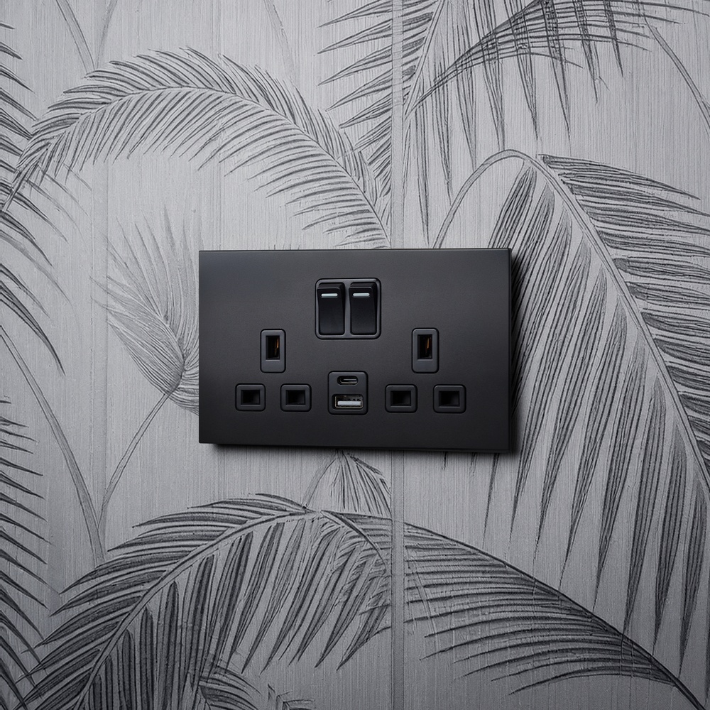 Aura Double Socket with USB - Matt Black RetroTouch Light Switches ...