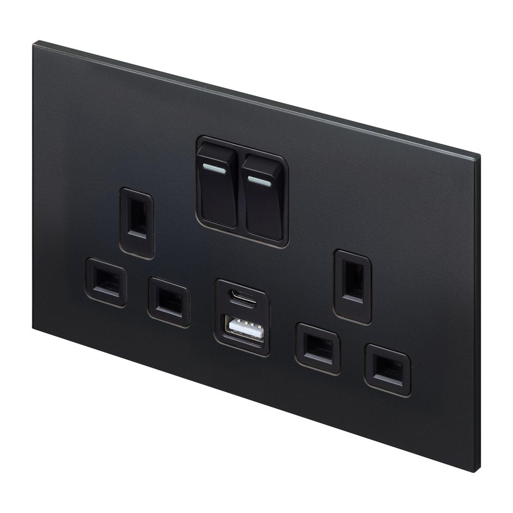 Aura Double Socket with USB - Matt Black RetroTouch Light Switches ...
