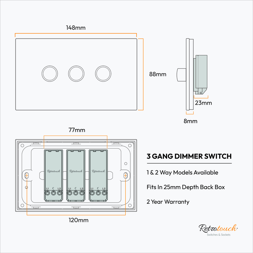 Aura Triple Dimmer Switch - Matt Black RetroTouch Light Switches & Plug ...