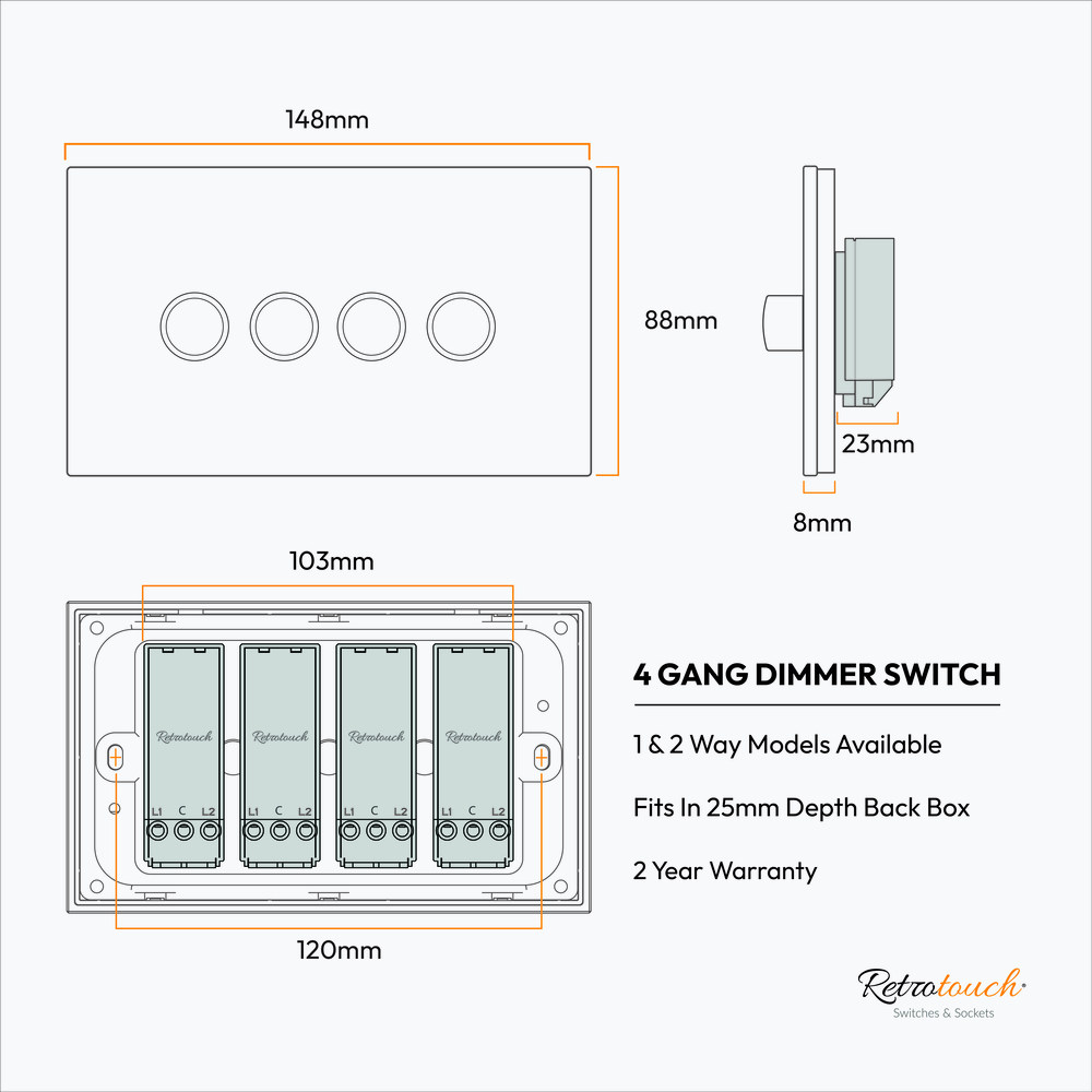 Aura Quadruple Dimmer Switch - Matt Black RetroTouch Light Switches ...