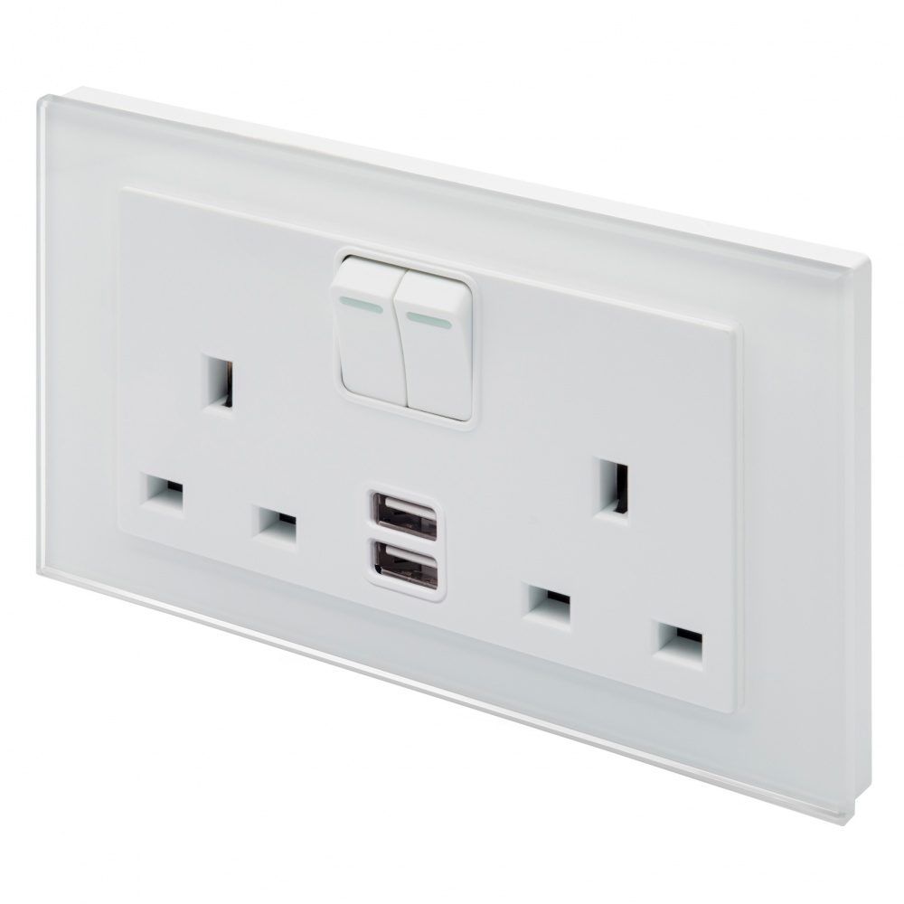 Crystal PG 2.1A USB & 13A DP Double Plug Socket with Switch White ...
